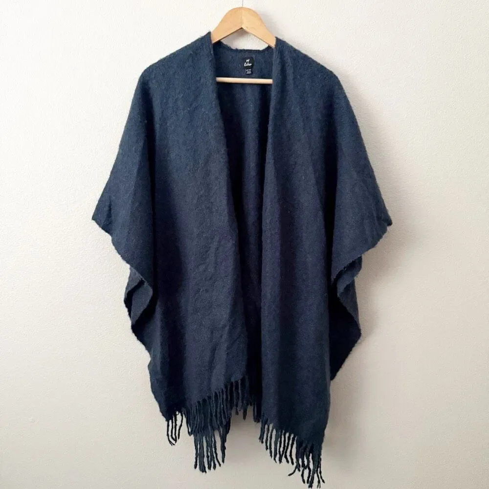 Echo | Sweaters | Echo Fringe Hem Fringed Bloucle Ruana Navy Blue Fuzzy ...
